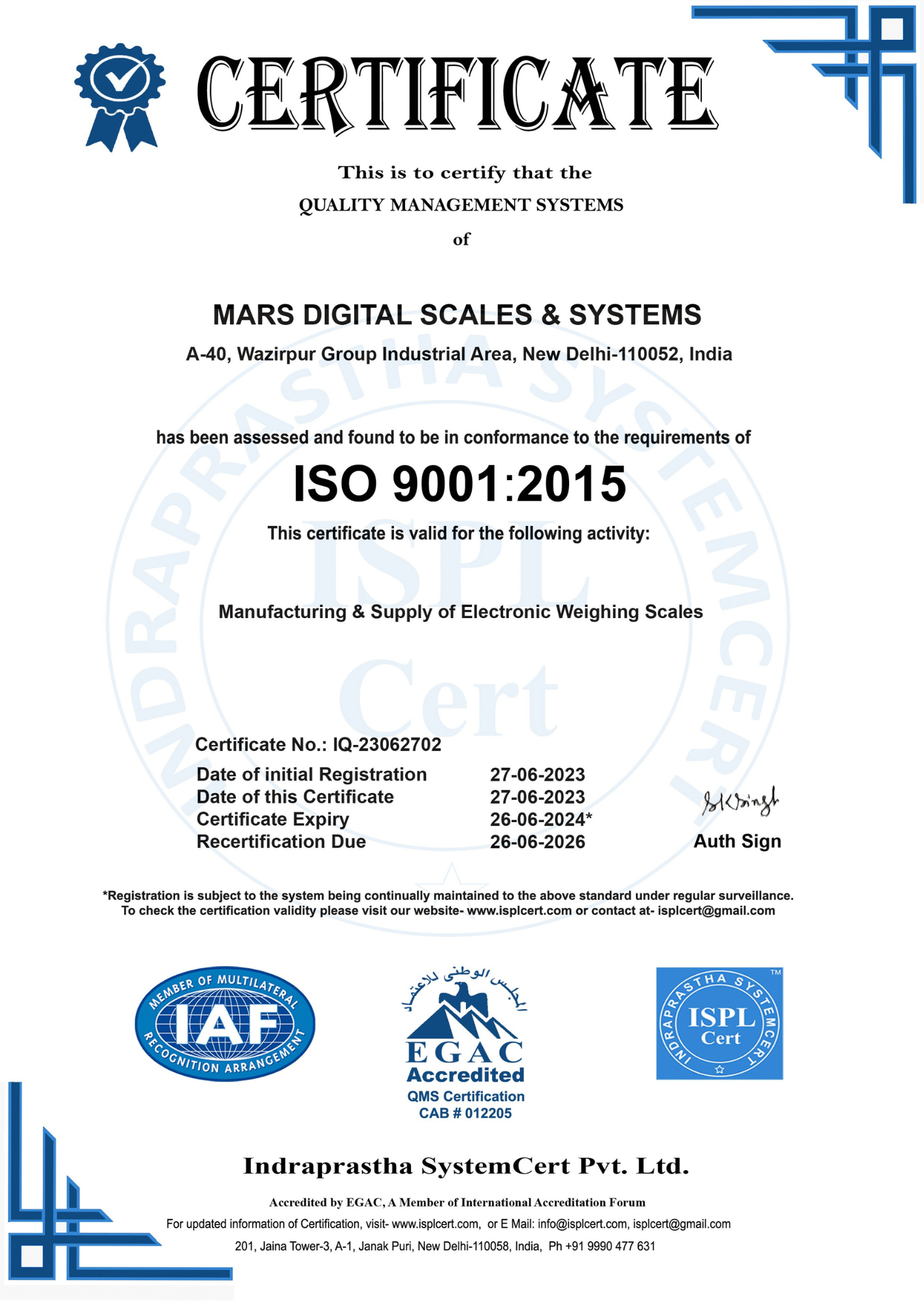Quality Policy - MARS DIGITAL SCALES And SYSTEMS